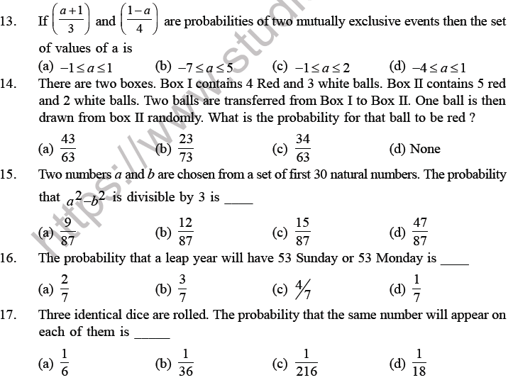JEE Mathematics Probability MCQs Set A with Answers JEE Mathematics Probability MCQs Set A with Answers